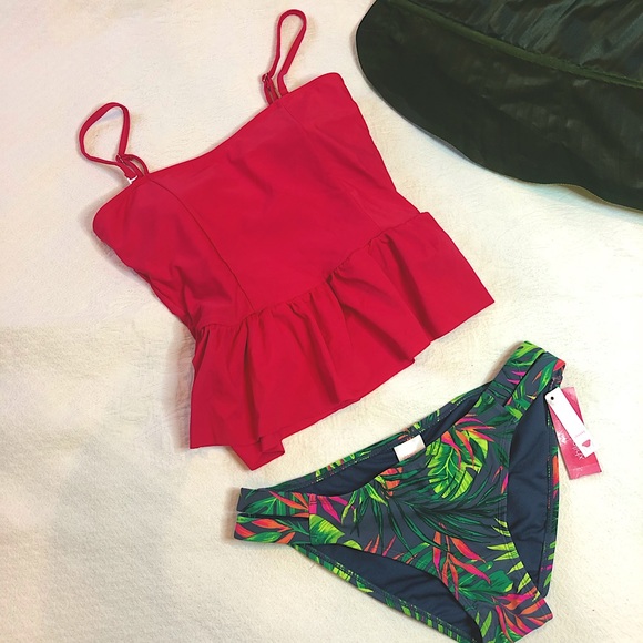 Swim | Hot Pink Ruffle Tankini Set With Tropical Bottoms | Poshmark